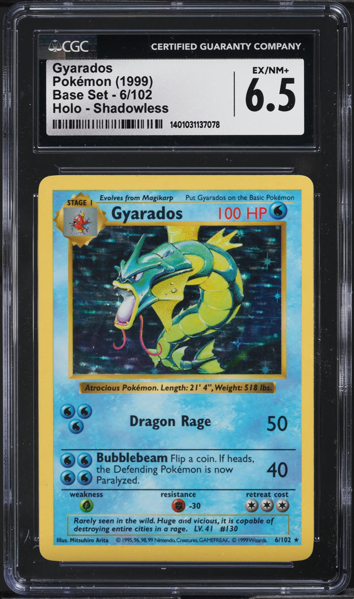 1999 Pokemon Base Set Shadowless Holo Gyarados #6 CGC 6.5 EXMT+ on ...
