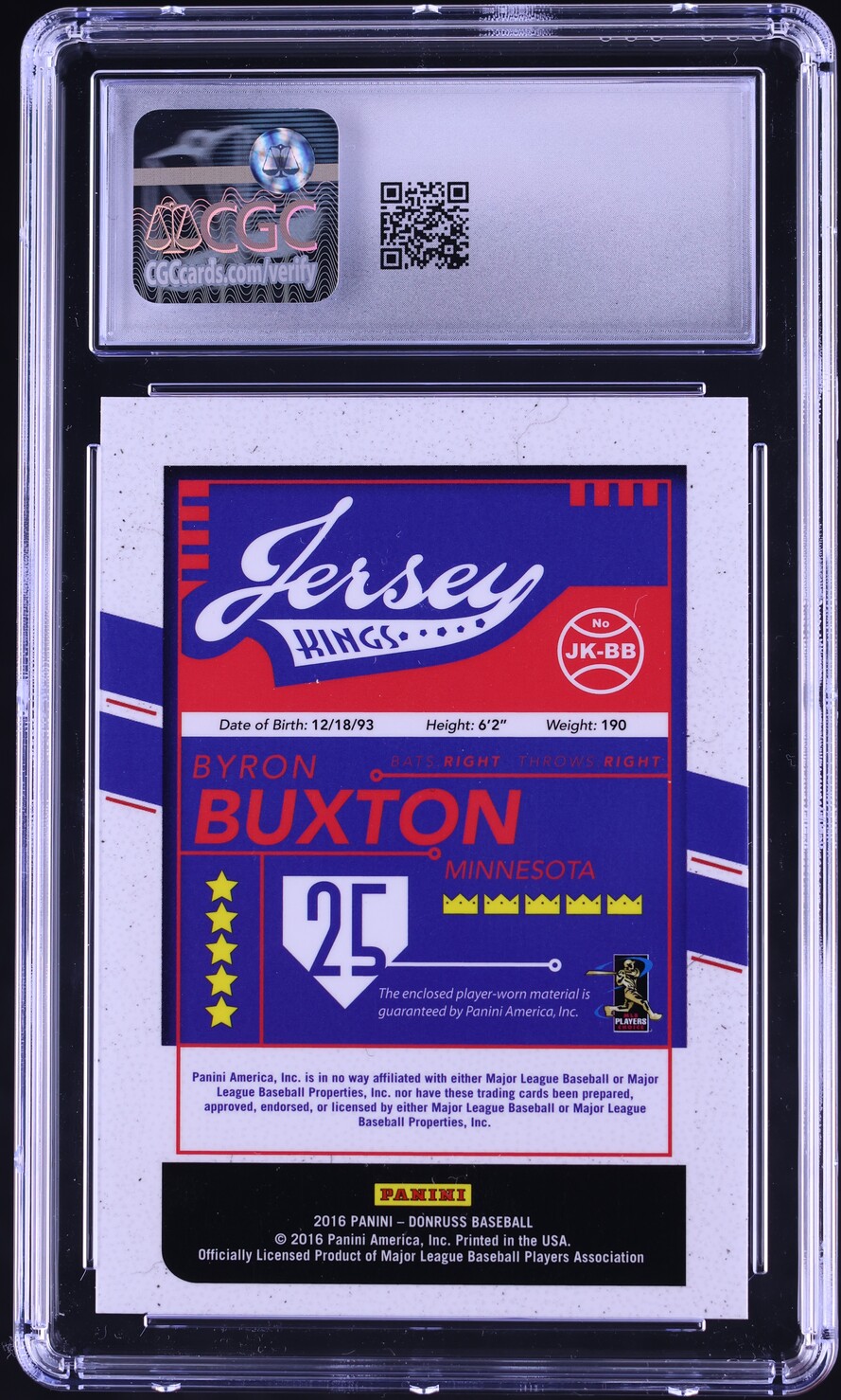 2016 Donruss Jersey Kings Byron Buxton PATCH #JK-BB CGC 10 GEM MINT on Fanatics Collect