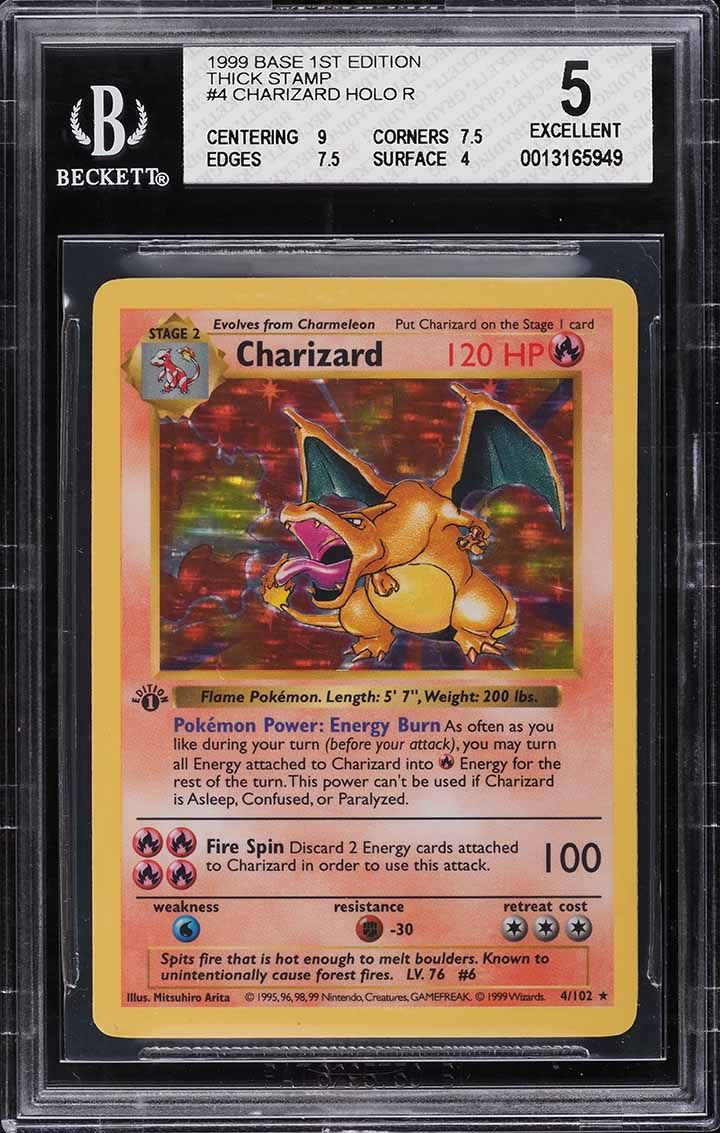 1999 Pokemon Base Set Shadowless 1st Edition Holo Thick Stamp Charizard #4 BGS 5 on Fanatics Collect