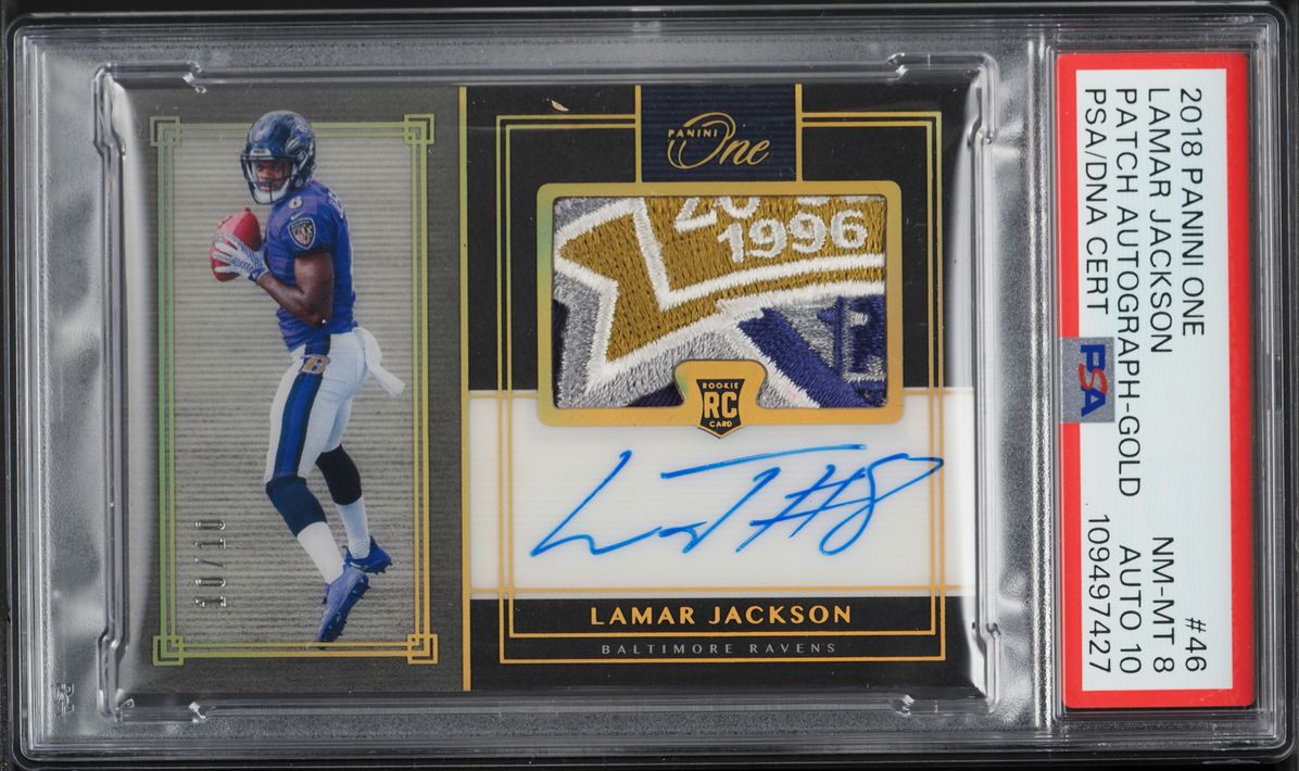 2018 Panini One Gold Lamar Jackson ROOKIE PATCH AUTO DNA 10 10/10 #46 ...