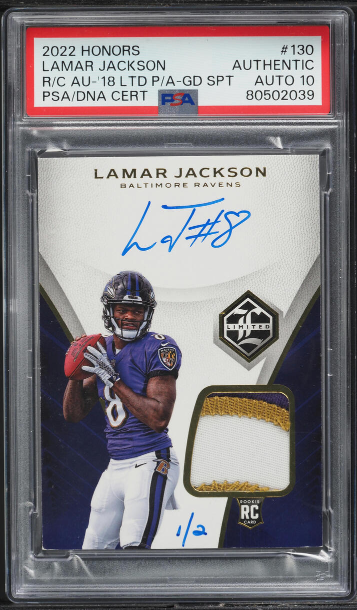 2022 Panini Honors Recollection Lamar Jackson PATCH AUTO DNA 10 1/2 PSA ...