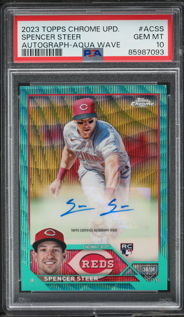 2023 Topps Chrome Update Aqua Wave Refractor Spencer Steer RC AUTO /199 PSA 10 on Fanatics Collect