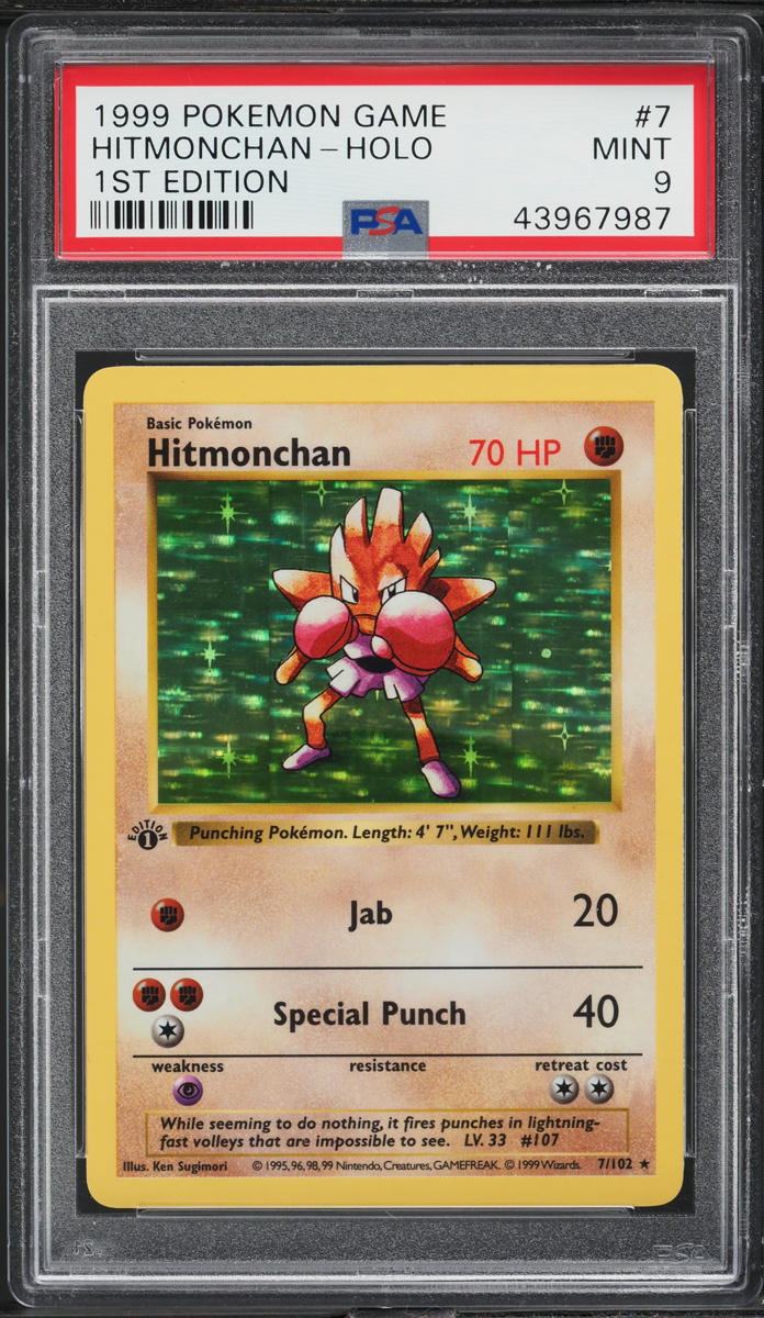 1999 Pokemon Base Set Shadowless 1st Edition Holo Hitmonchan #7 PSA 9 ...