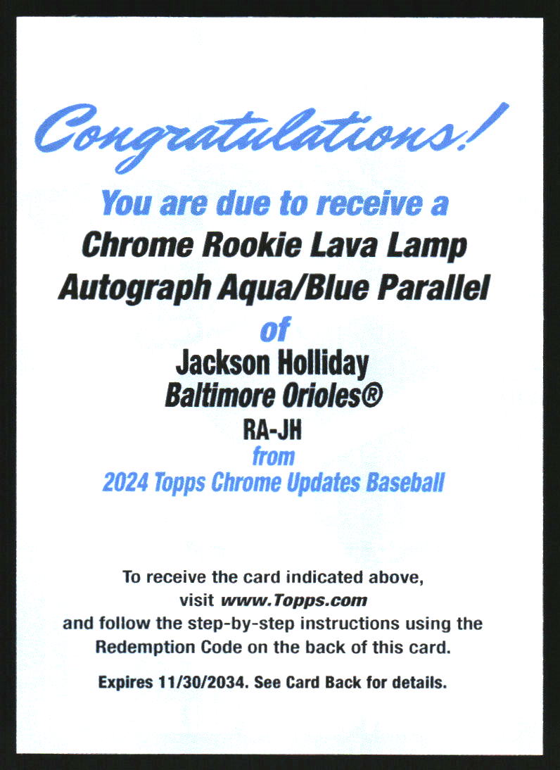 2024 Topps Chrome Rookie Autographs #RAJH Jackson Holliday RC Auto ...
