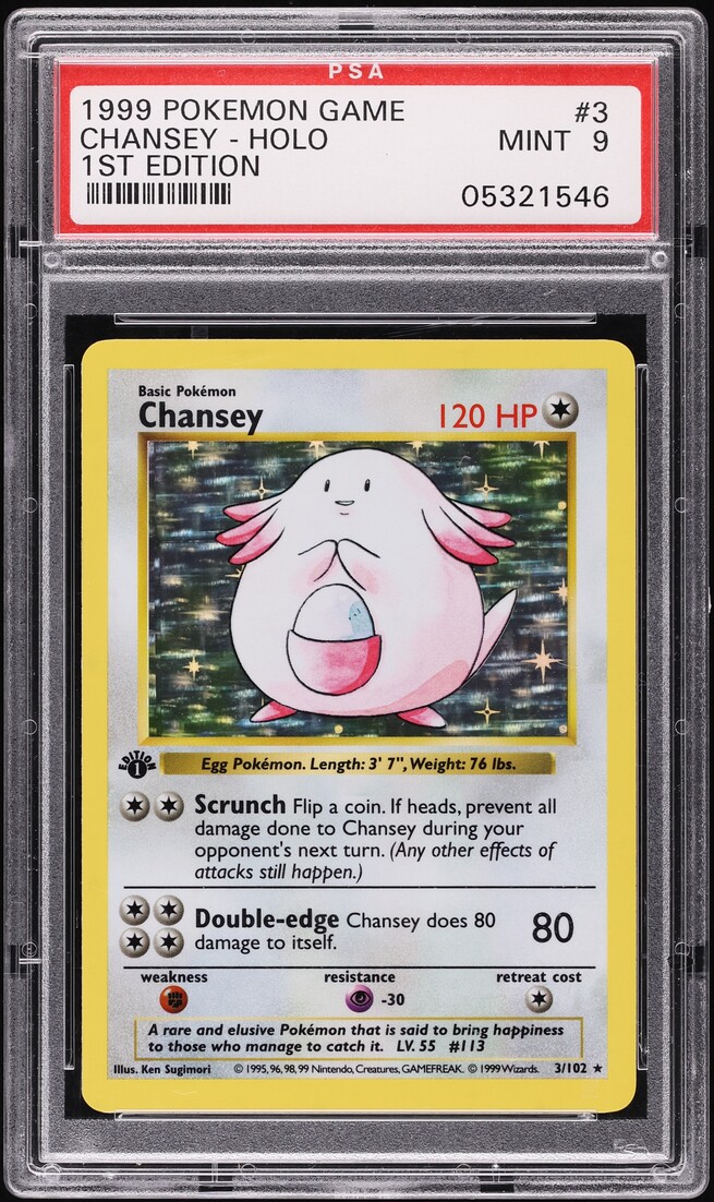 1999 Pokemon Base Set Shadowless 1st Edition Holo Chansey #3 PSA 9 MINT ...