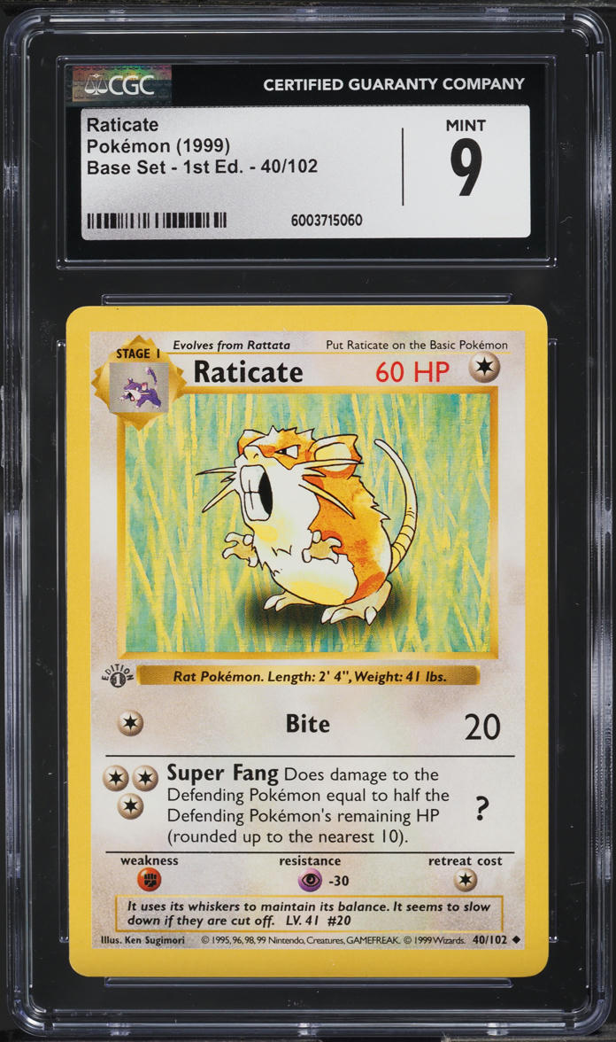 1999 Pokemon Base Set Shadowless 1st Edition Raticate #40 CGC 9 MINT on ...
