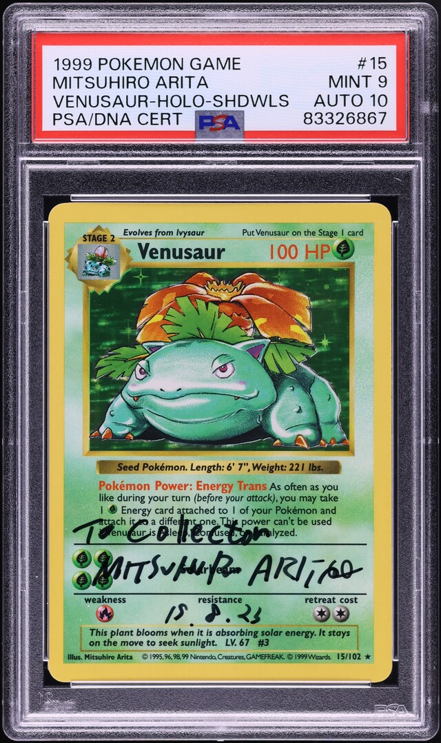 1999 Pokemon Base Set Holo Shadowless Venusaur Arita AUTO DNA 10 #15 ...