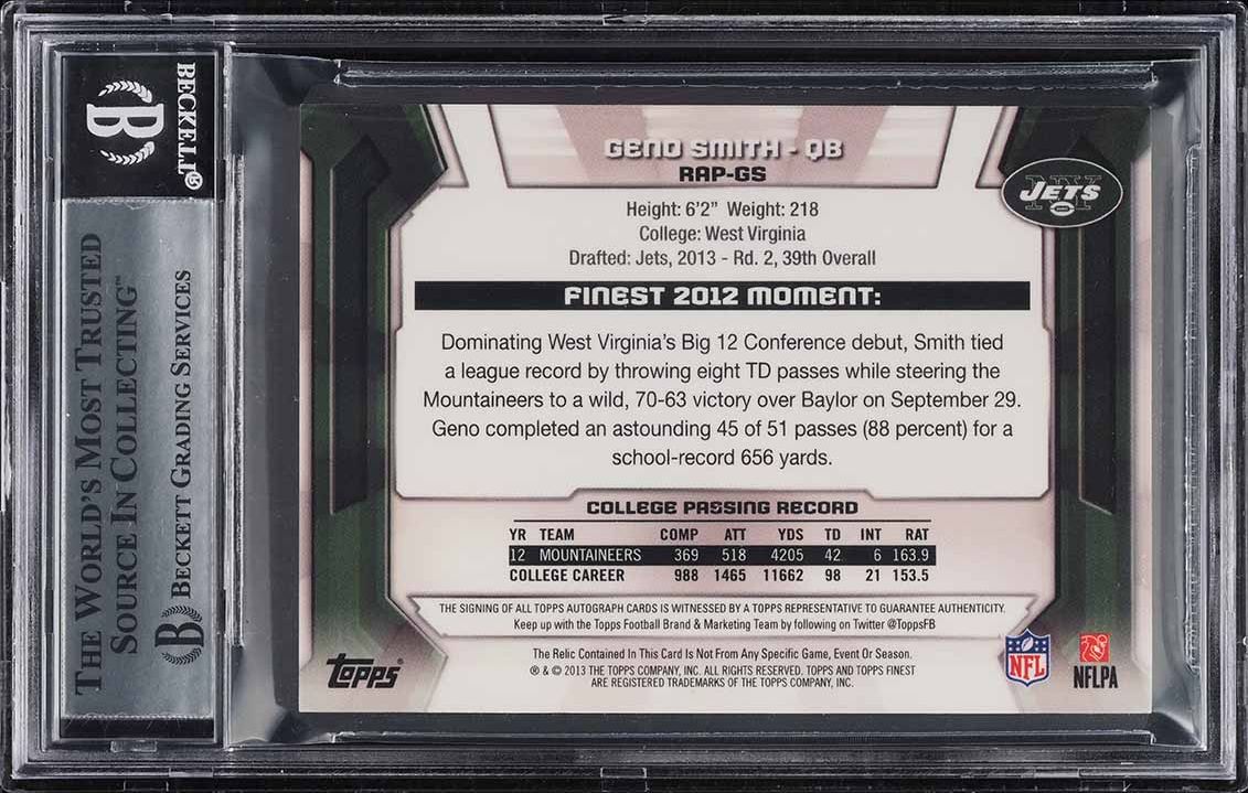 2013 Finest Gold Refractor Geno Smith ROOKIE PATCH AUTO /50 #RAP-GS BGS ...