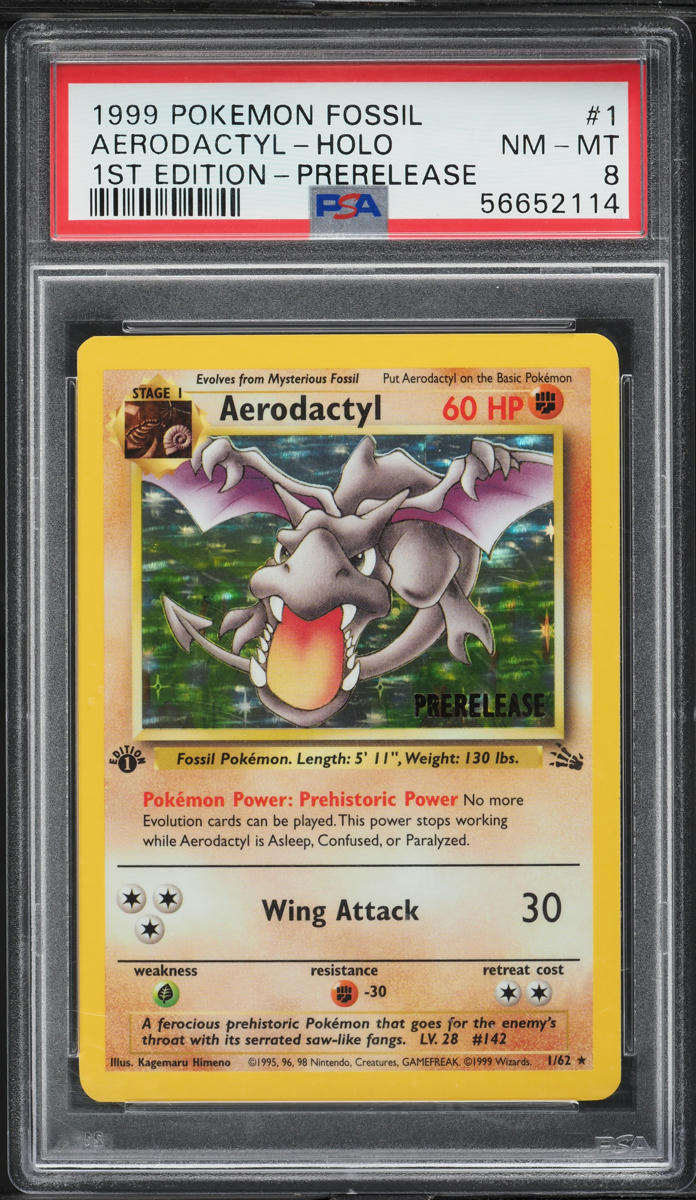 1999 Pokemon Fossil 1st Edition Prerelease Holo Aerodactyl #1 PSA 8 NM-MT on Fanatics Collect