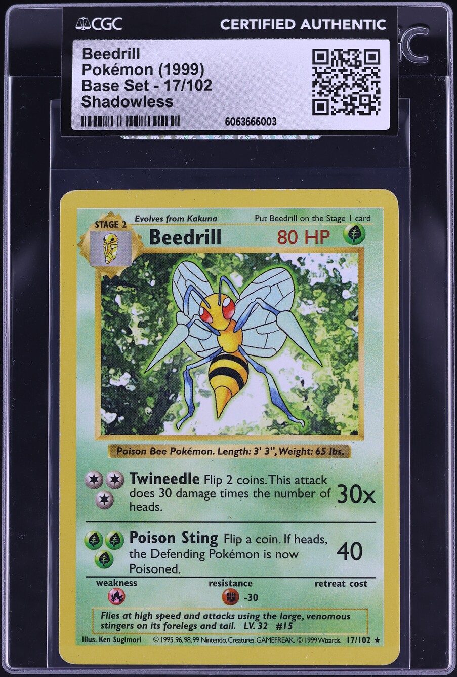 1999 Pokemon Base Set Shadowless Beedrill #17 CGC AUTH on Fanatics Collect