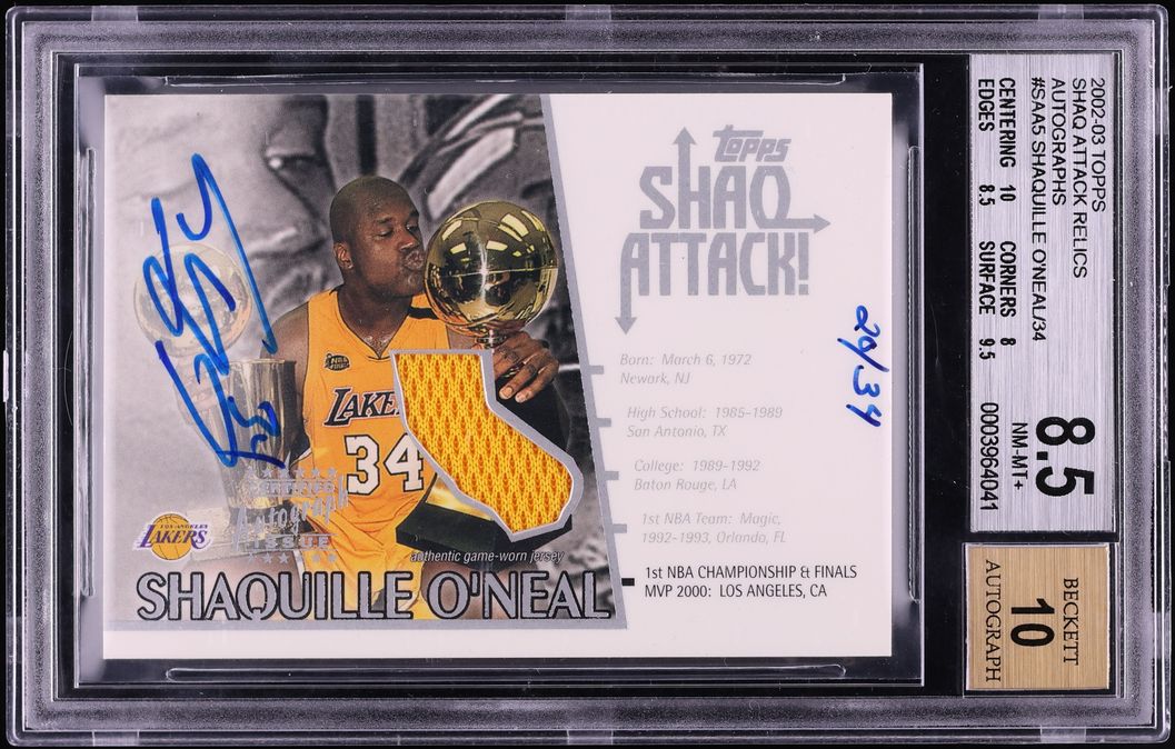 2002 Topps Shaq Attack Shaquille O'Neal AUTO /34 #SAA5 BGS 8.5 NM-MT+ ...