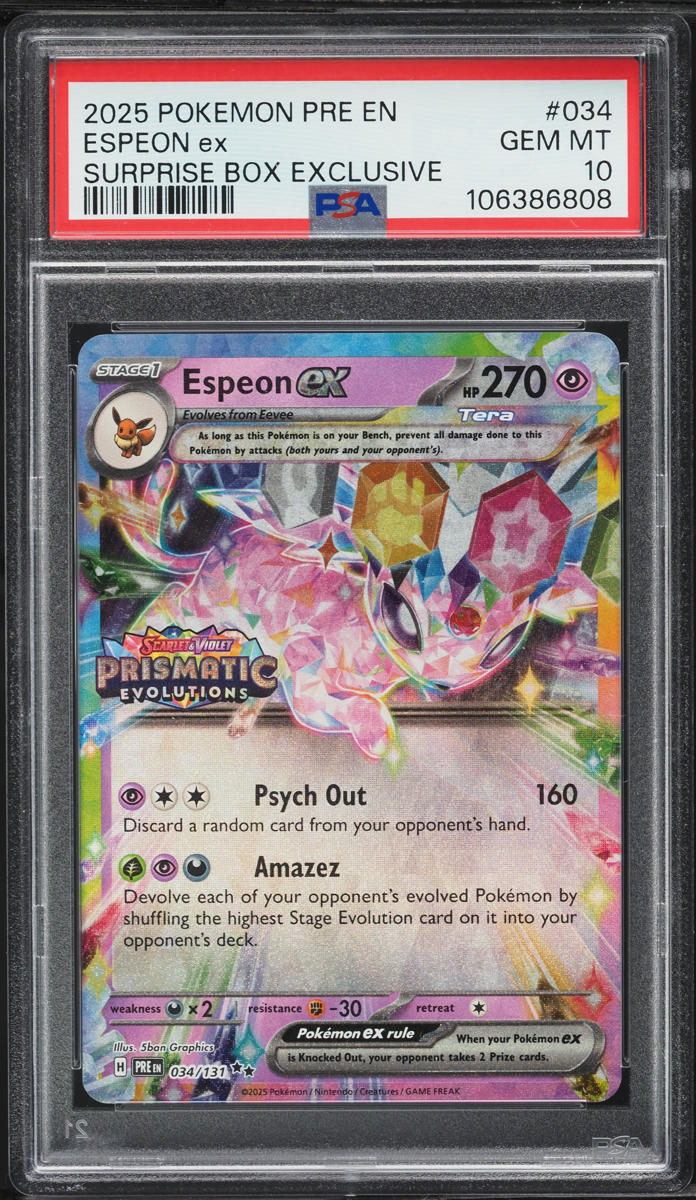 2025 Pokemon SV Prismatic Evolutions Surprise Box Espeon ex #34 PSA 10 GEM MINT on Fanatics Collect