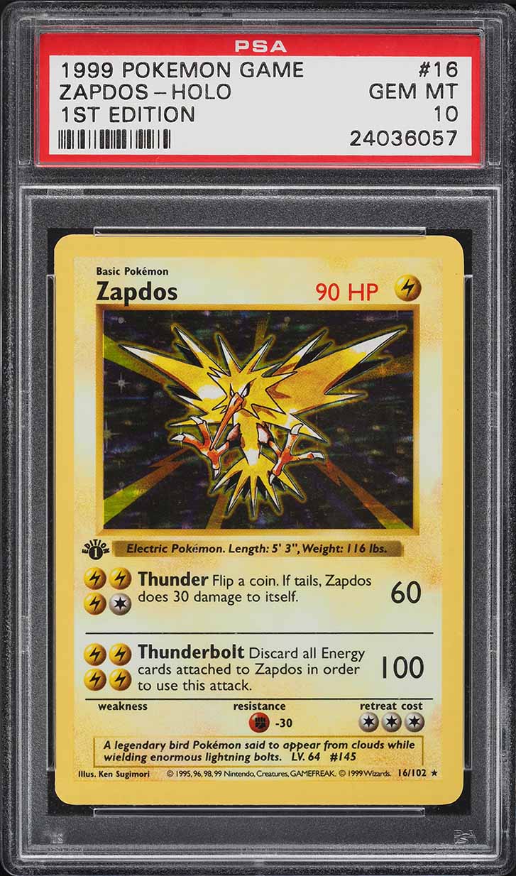 1999 Pokemon Base Set Shadowless 1st Edition Holo Zapdos #16 PSA 10 GEM ...