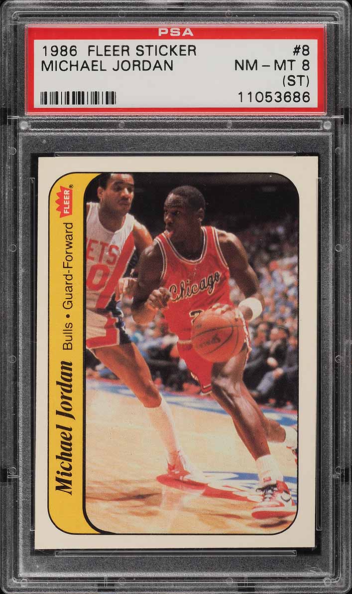 1986 Fleer Sticker Michael Jordan ROOKIE #8 PSA 8(st) NM-MT
