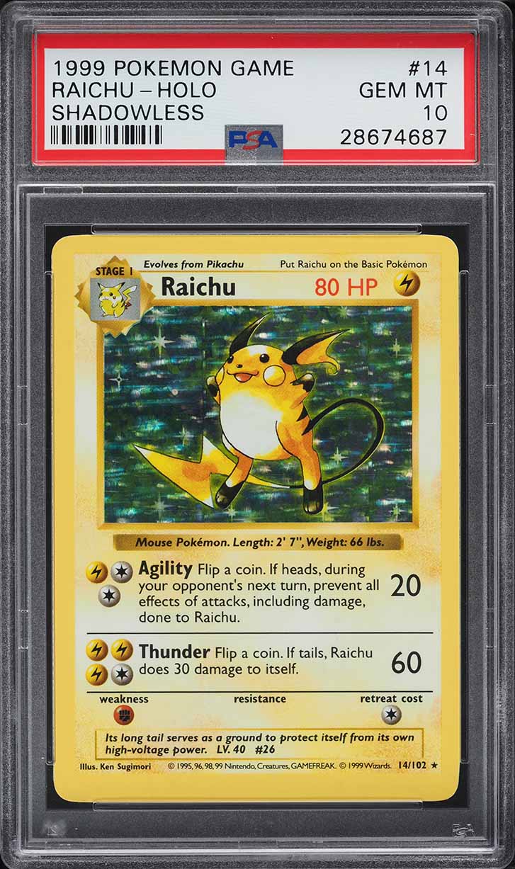 1999 Pokemon Base Set Shadowless Holo Raichu #14 PSA 10 GEM MINT